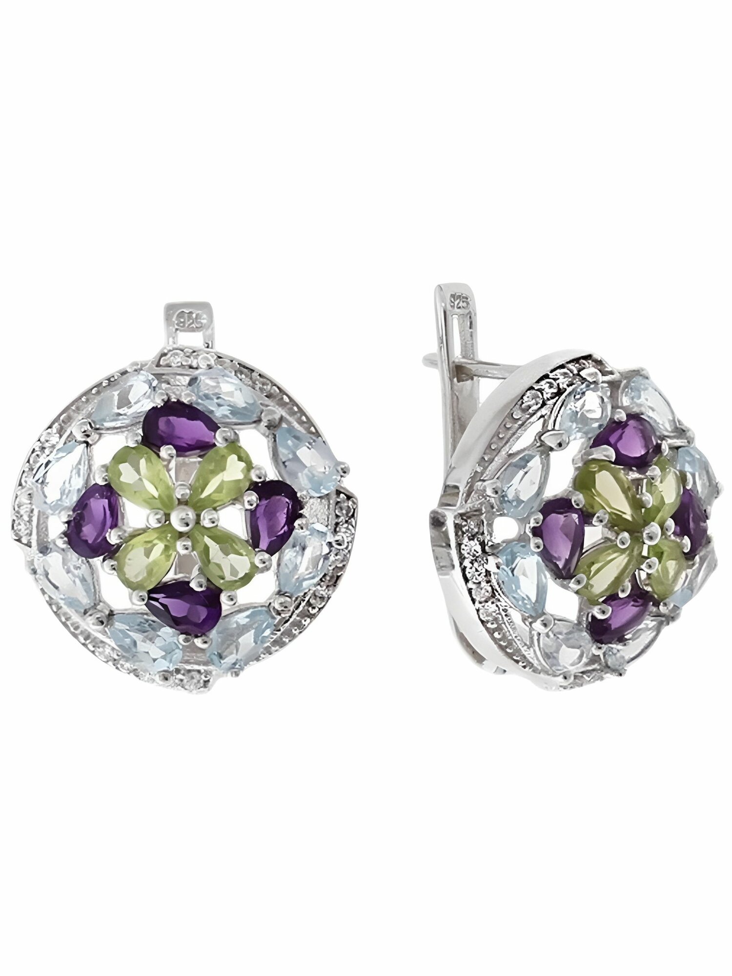 Серьги, серебро, 925 проба, родирование, хризолит, аметист, фианит, топаз