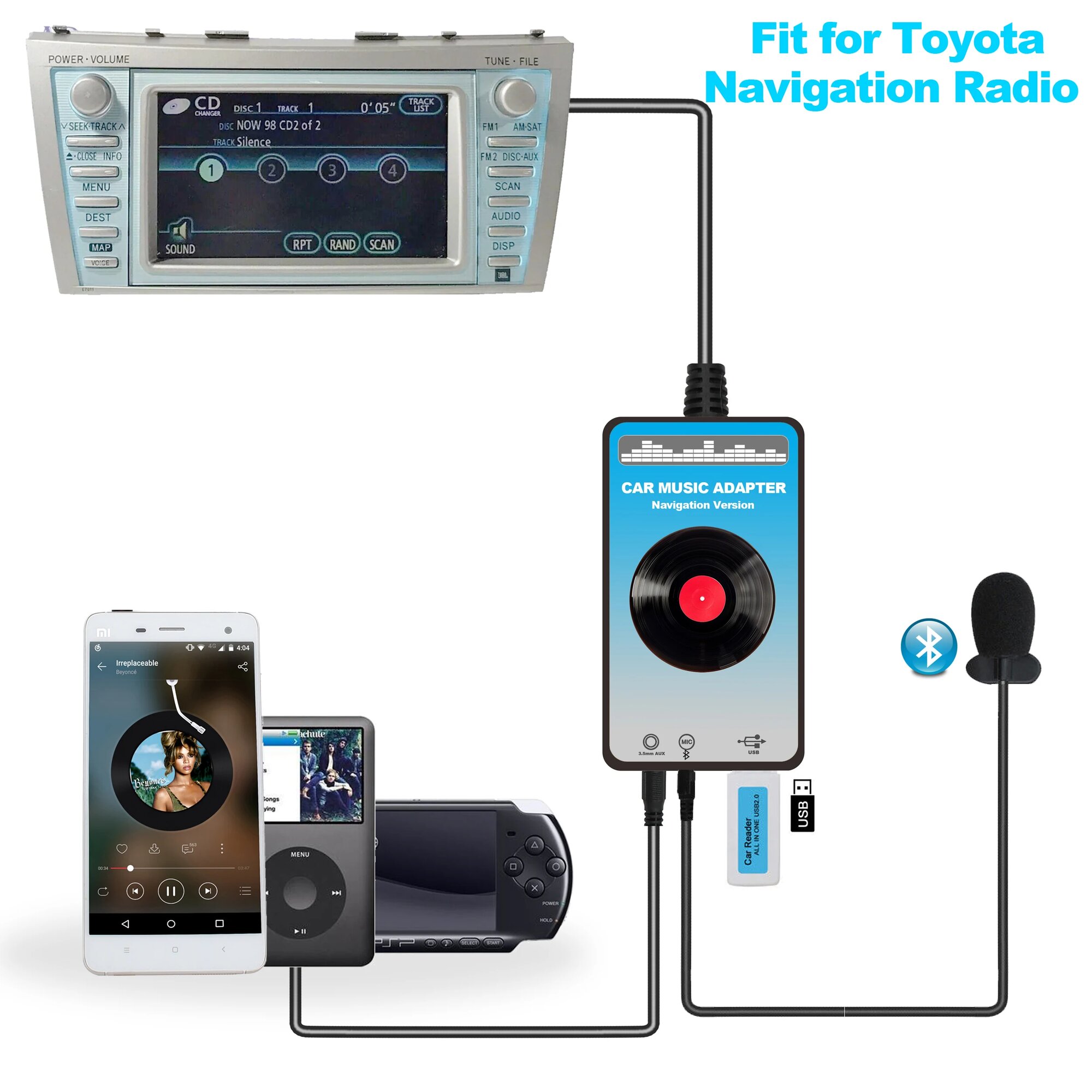 Автомобильный комплект Moonet Bluetooth с USB AUX 3 в 1, музыкальный адаптер, подходящий для Toyota Prius Camry и Lexus ES350 IS300, навигационное радио