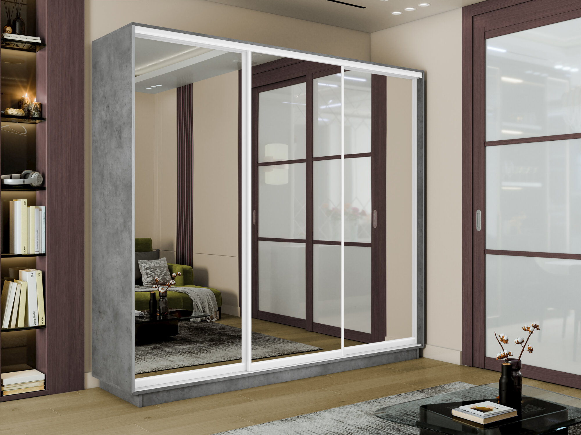 Шкаф купе Вилли 3-х дверный ЛДСП, зеркальные двери, профиль белый 180 см х 220 см х 45 см (Бетон)