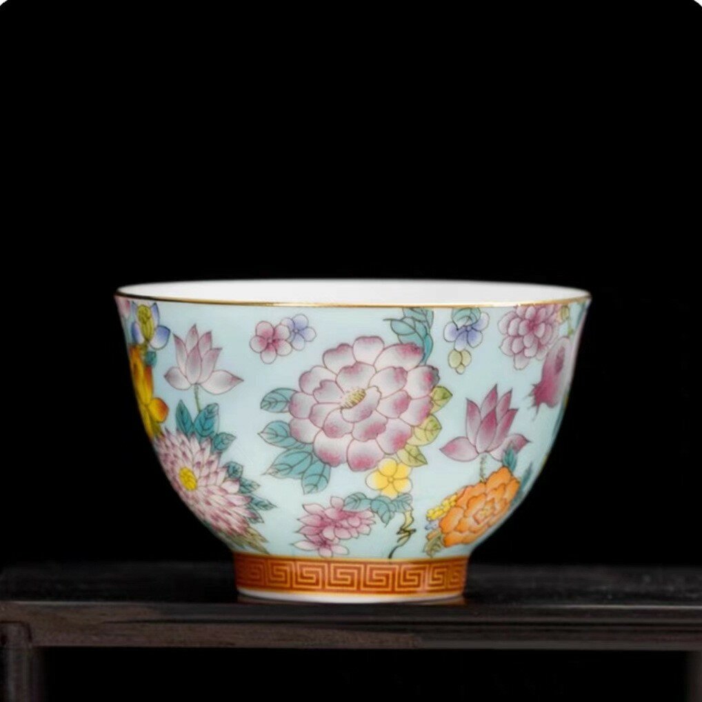 Классическая эмалевая фарфоровая чашка для чая - Светло-голубая, премиум-керамика для традиционного заваривания чая