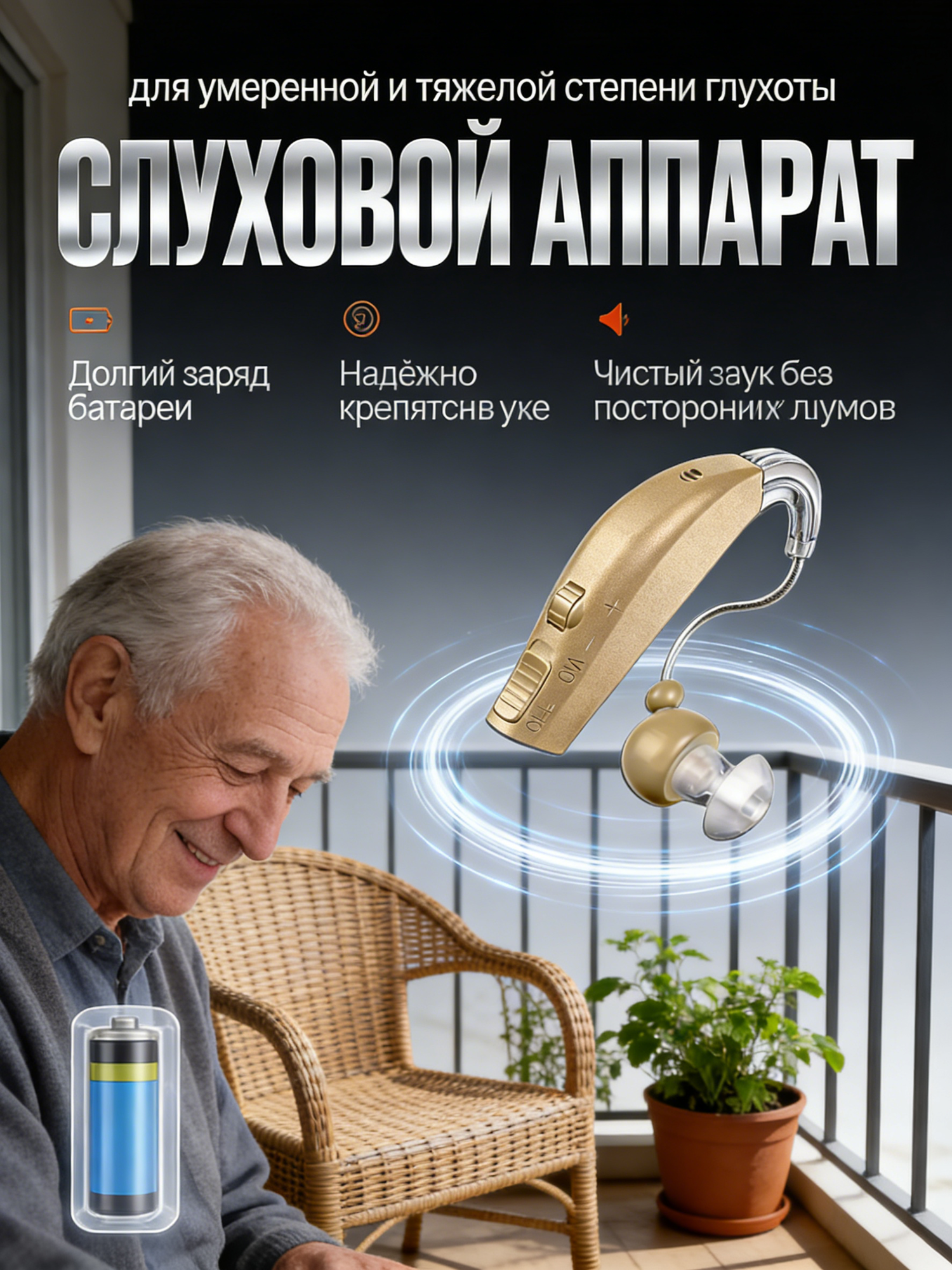 Накладной слуховой прибор с зарядным устройством для пожилых и взрослых