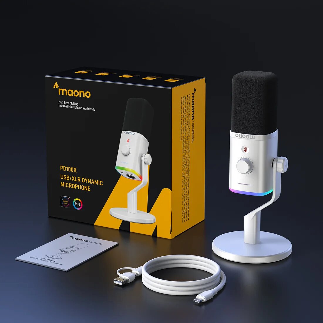 Проводной микрофон Maono PD100X (белый), динамический, 40-16000 Гц, подключение USB Type-A/USB Type-C