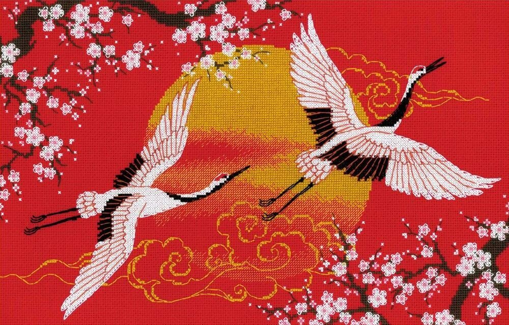 Набор для вышивания Riolis "Поднебесная. Журавли" 25x40 см, Япония Сакура Аисты Города Цветы Птицы