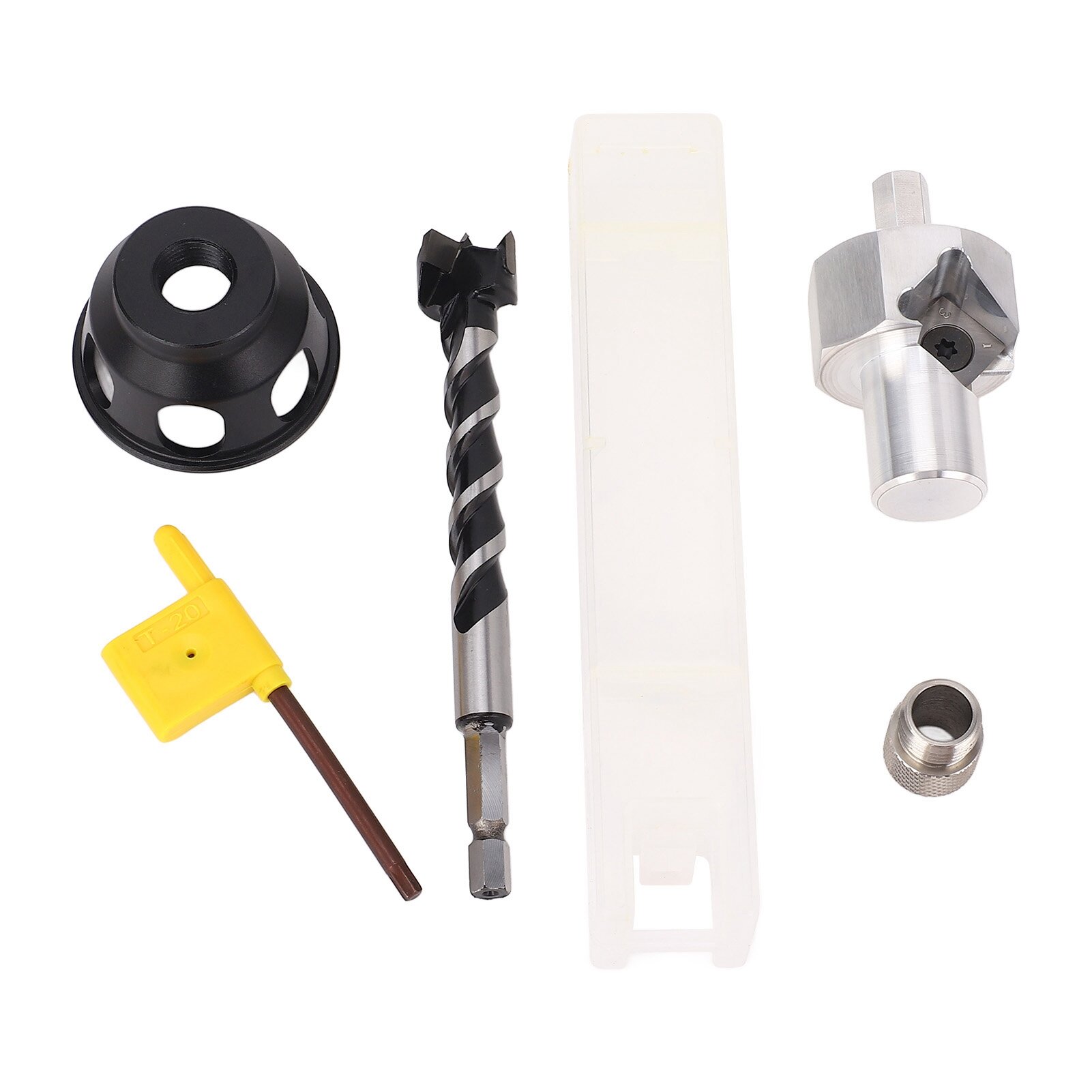 В комплект инструмента для снятия фаски с отверстий диаметром 19 мм входят сверла, вертикальный локатор сверла и настольная развертка для снятия фаски с отверстий.