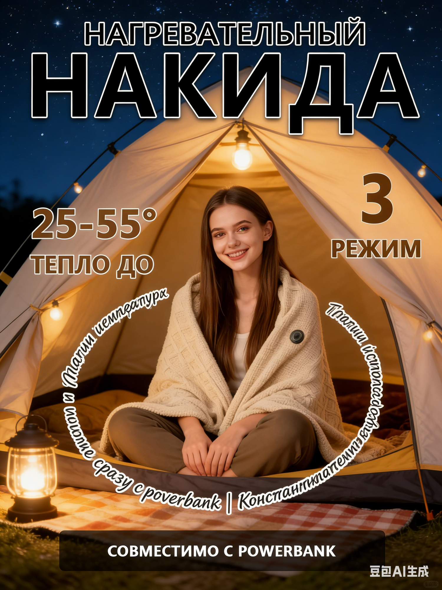 Электрический плед с подогревом 150x80 см / Электроодеяло накидка из флиса на молнии с питанием от USB