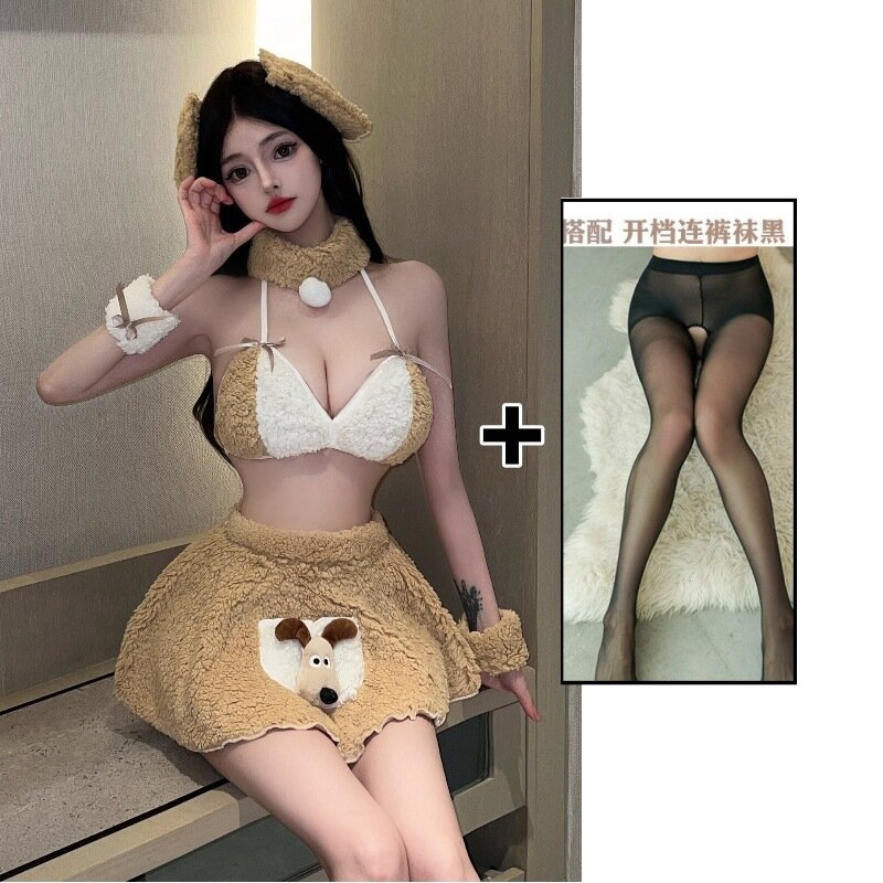 Новогодний боевой халат, сексуальное нижнее белье, милый плюшевый медведь, аниме-униформа, женский комплект для ночного клуба, снимать не нужно. Плюшевая девушка-зайчик + черные чулки с открытой промежностью.