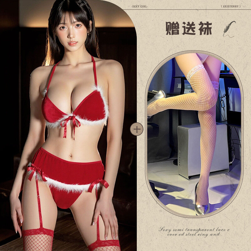 Сексуальный рождественский комплект нижнего белья, красный подарочный комплект, соблазнительная униформа, плюшевые чулки с бабочками, красно-белые сетчатые чулки.