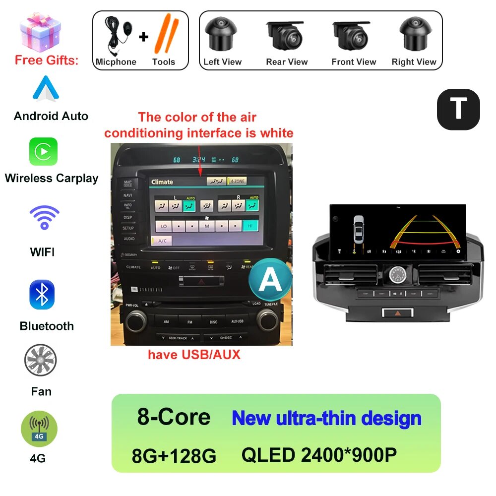 Проводной автомобильный радиоприемник мультимедиа для Toyota Land Cruiser LC200 2007-2022 сенсорный экран QLED 2400*900P беспроводной CarPlay DSP стерео A(T) 8G 128G 360CAM