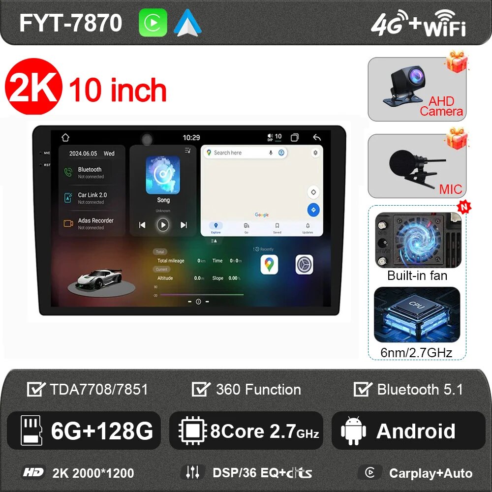 Автомагнитола FYT-7870 2K 10" Android 14 Carplay 4G 360