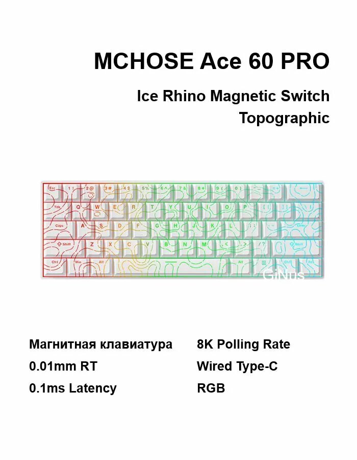 MCHOSE Игровая клавиатура проводная Ace 60 Pro, Topographic, Ice Rhino Magnetic Switch, магнитная клавиатура, Английская раскладка, белый, розовый