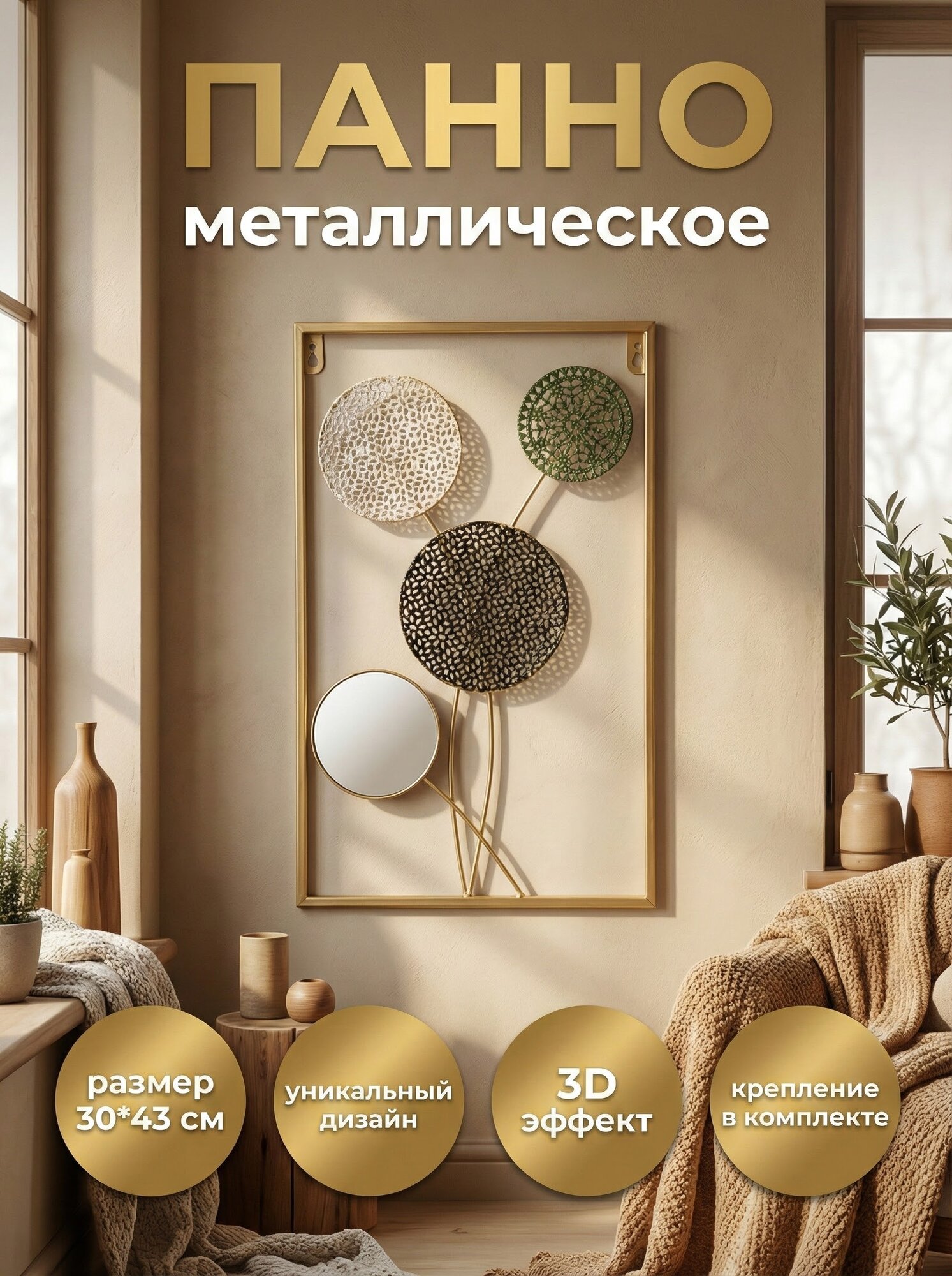 Панно настенное Кружки с зеркалом 30*43 см Интерьерное панно