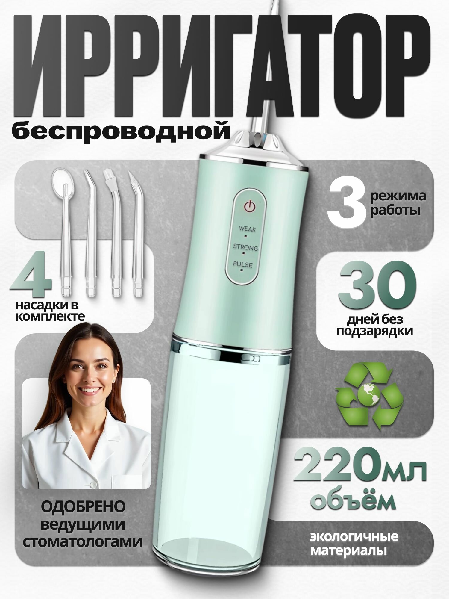 Ирригатор R950, съемный резервуар, 4 насадки, USB-кабель, инструкция