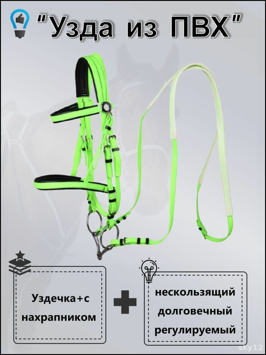 Эксклюзивная зеленая уздечка с нахрапником и поводьями для верховой езды