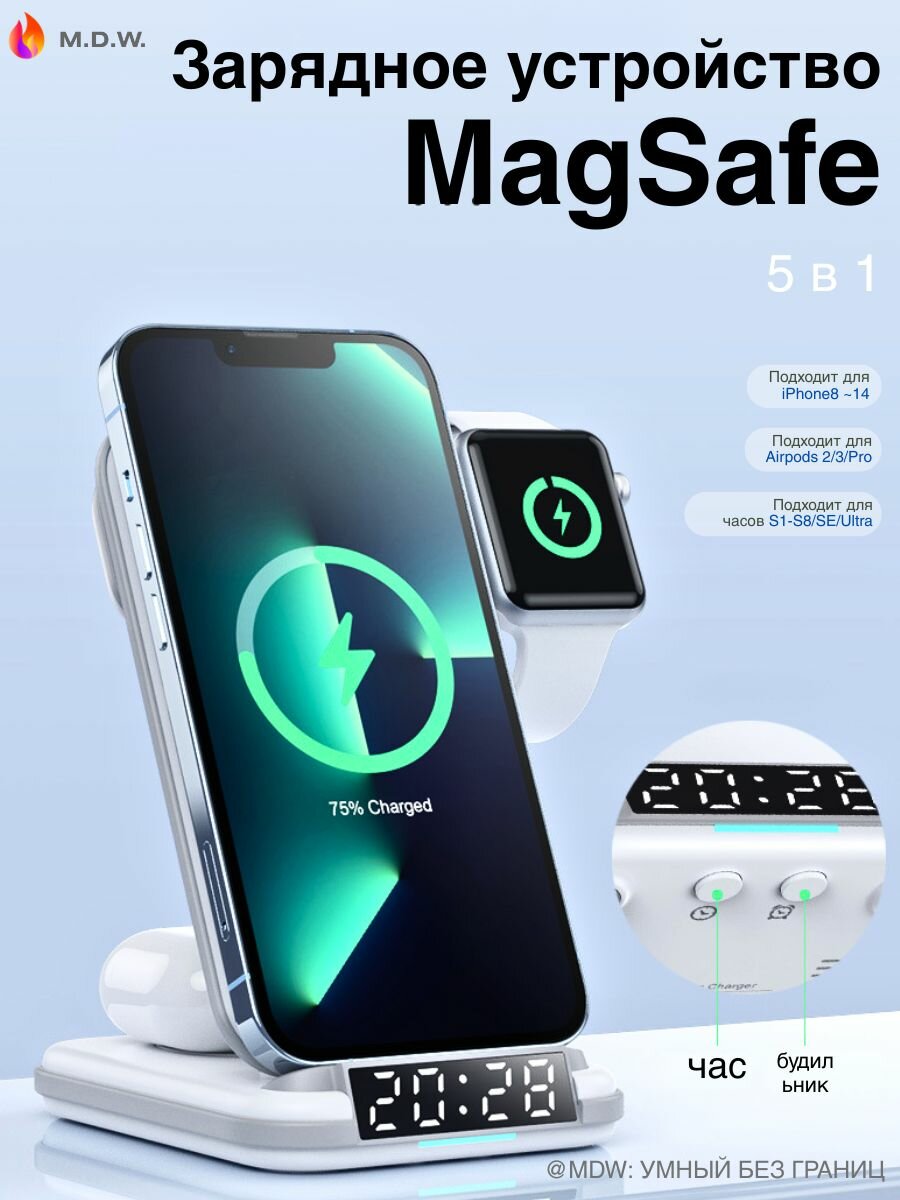 Беспроводная зарядка MagSafe 5-в-1 (ABS+PC) для iPhone, Apple Watch и AirPods подставка с LED-часами и будильником