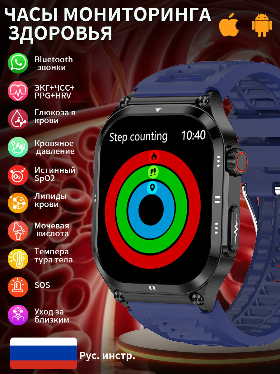 Смарт-часы с ЭКГ глюкометр АД мочевая кислота липиды PPG HRV