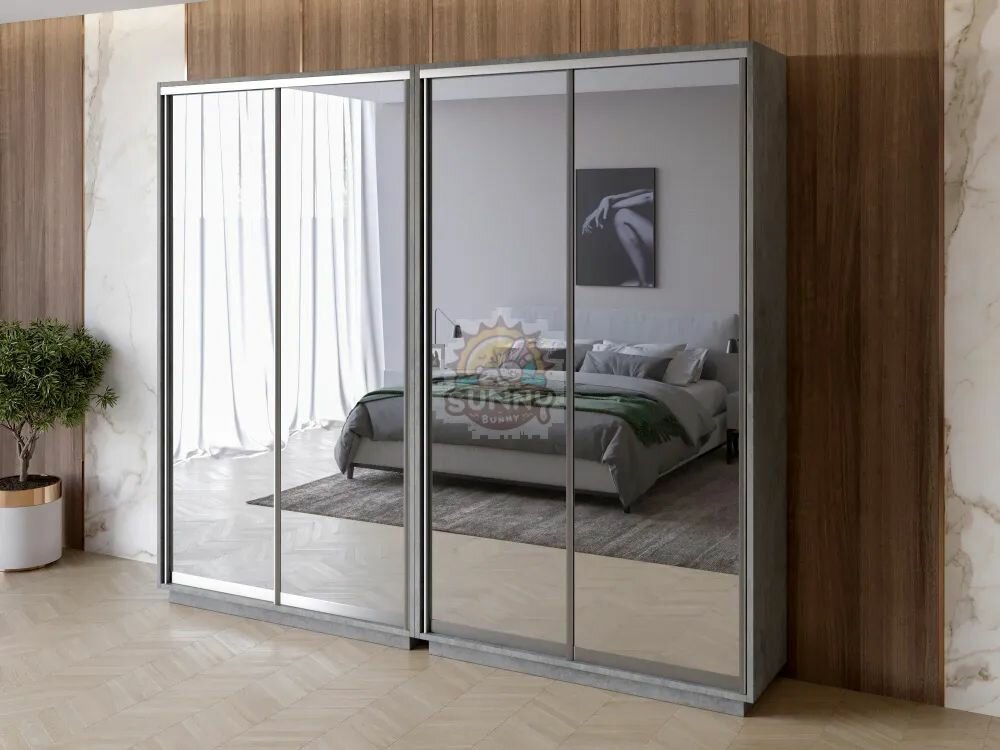 Шкаф купе Вилли 4-х дверный ЛДСП (2+2), зеркальные двери, профиль серебро 280 см х 220 см х 45 см (Бетон)