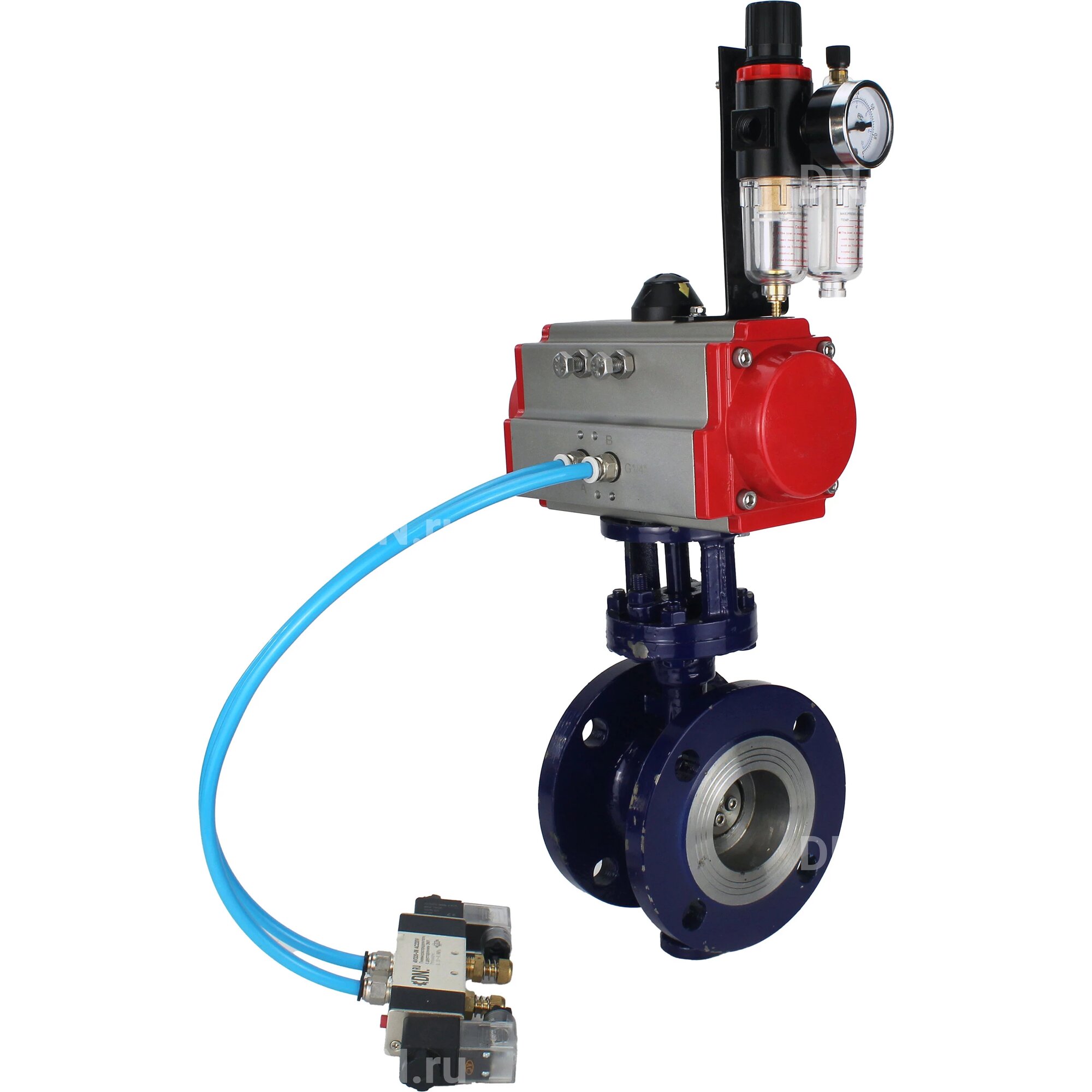 Затвор дисковый поворотный с тройным эксцентриситетом DN.ru WCB-304-M-F-ISO Ду50 Ру25 фланц, корпус - углерод. сталь WCB, диск - нерж. сталь 304, METAL, с пн. приводом DA-083, пн. распределителем PND1-S2EM-52-2-T10-220VAC и БПВ APU1-10-40-V08