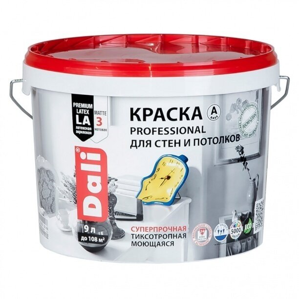 Краска моющаяся акриловая Dali Professional белая 9 л