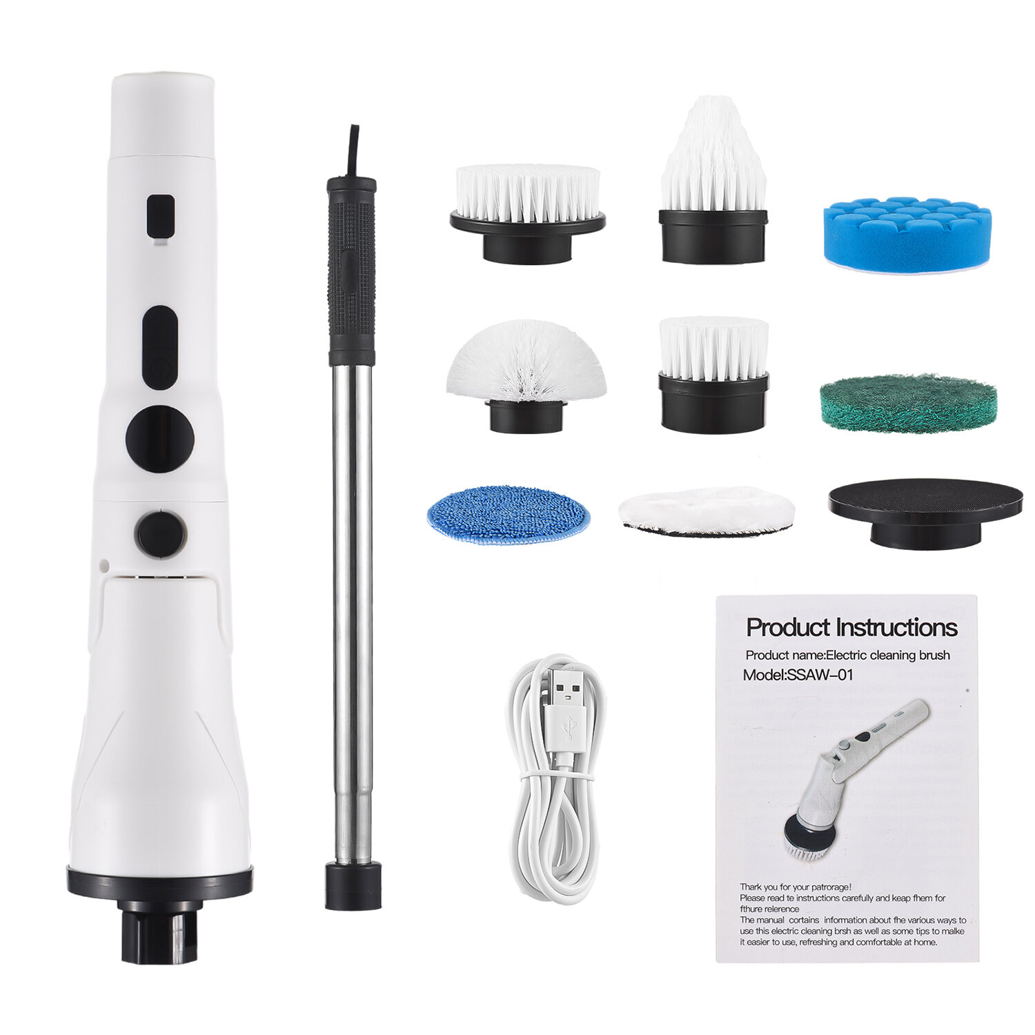 Электрический щеток для чистки Spin Scrubber IPX5 водонепроницаемый 2 скорости цифровой дисплей беспроводной щеток для уборки с 8 заменяемыми насадками на щетках регулируемый выдвижной рукав угол щеток для уборки для ванной ванны White Black 52-94cm