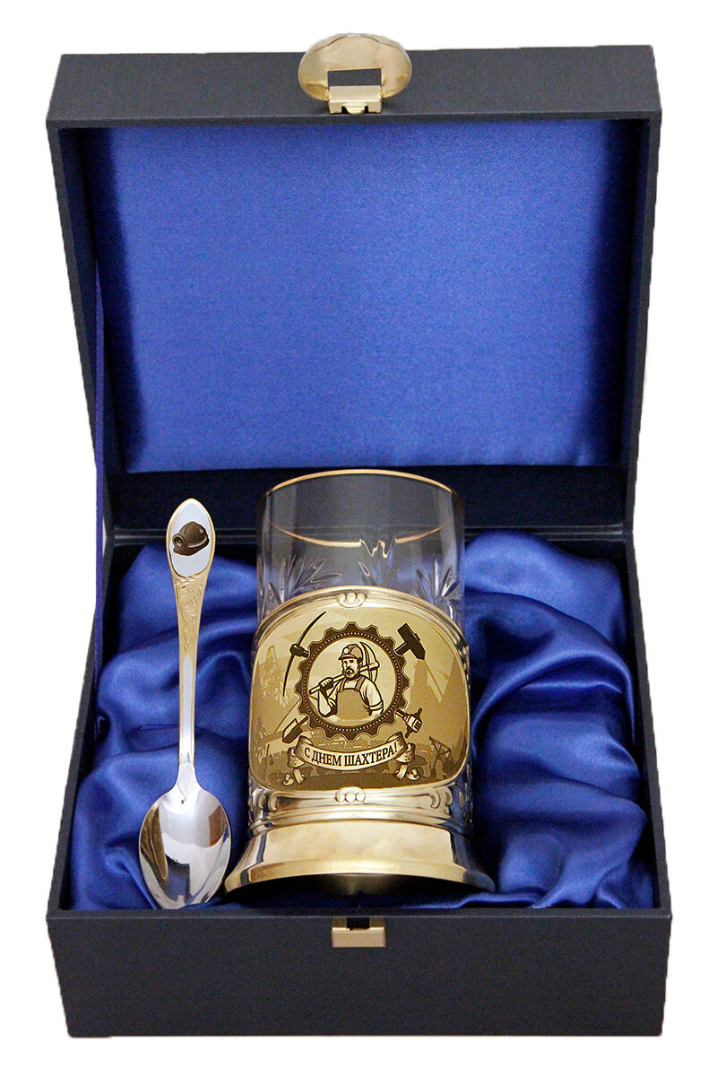 Набор д/чая "Шахтер" (3 пр.) - дерев. футляр, хруст. стакан, латунь, гравировка, ложка - нерж. зол. грав. ПД-511/1-л
