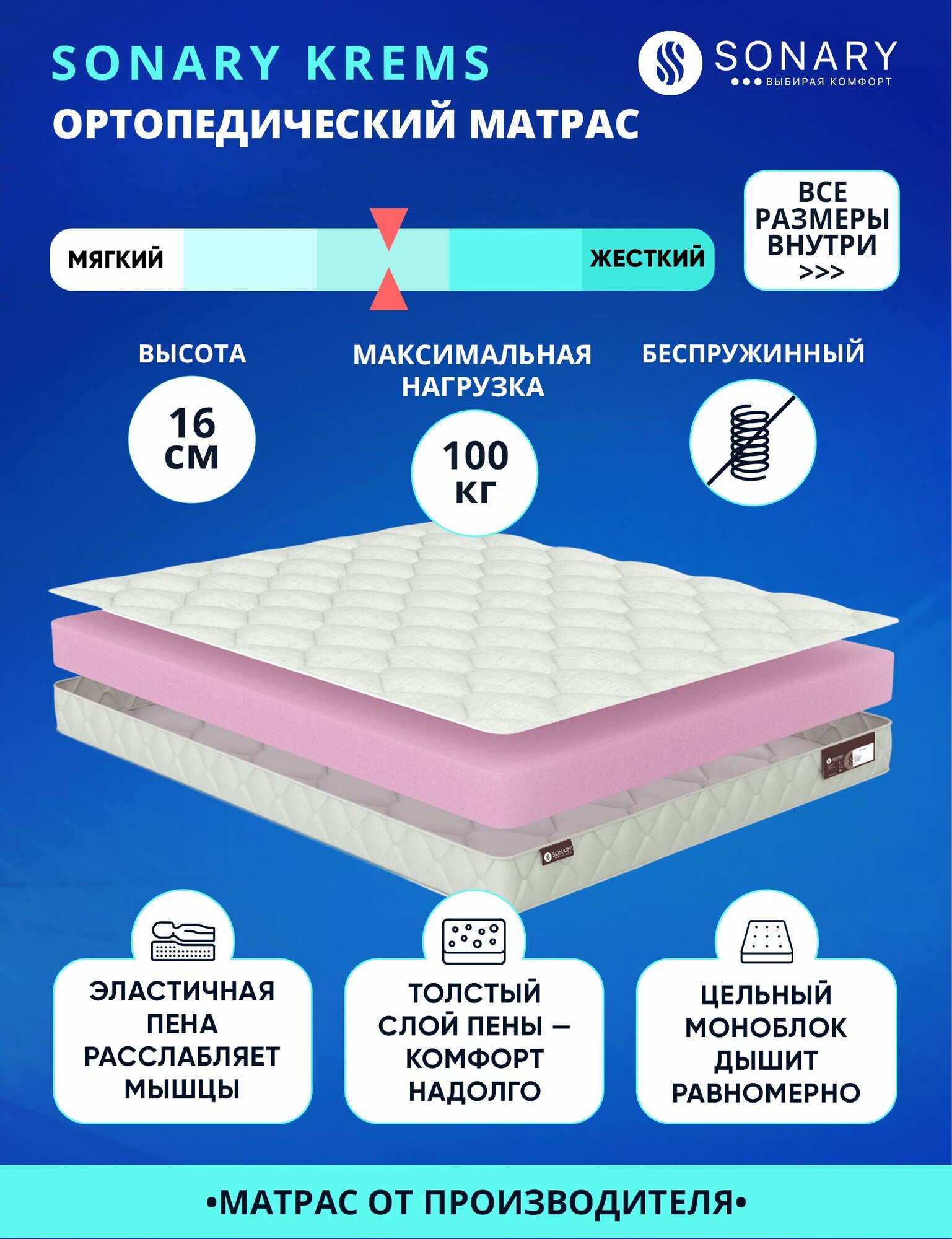 Матрас Sonary Krems 85х180 серии Foam высота 16 см анатомический средней жесткости Беспружинный