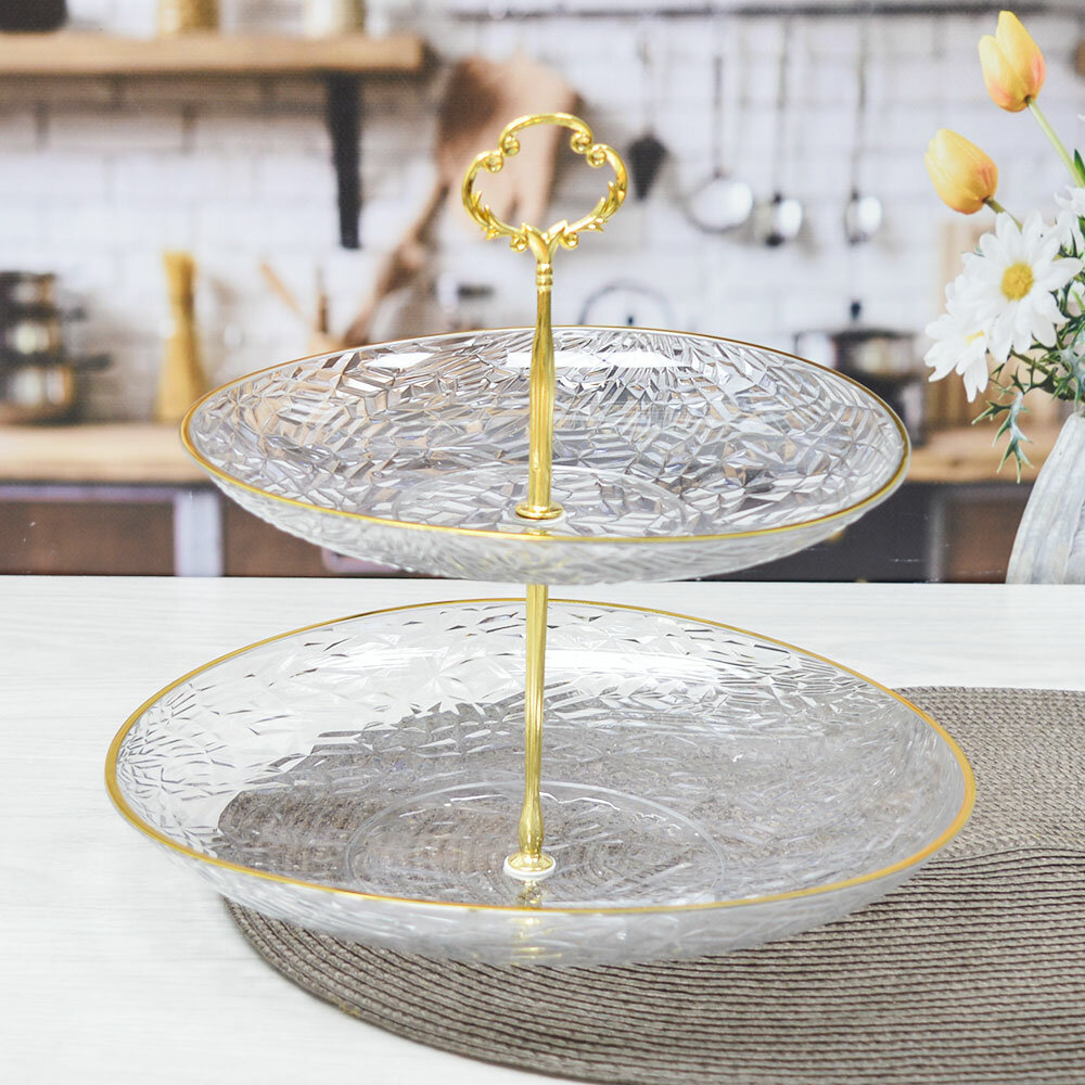 Фруктовница 2-х ярусная 21*16*23см прозрачная с золотой каймой, PP