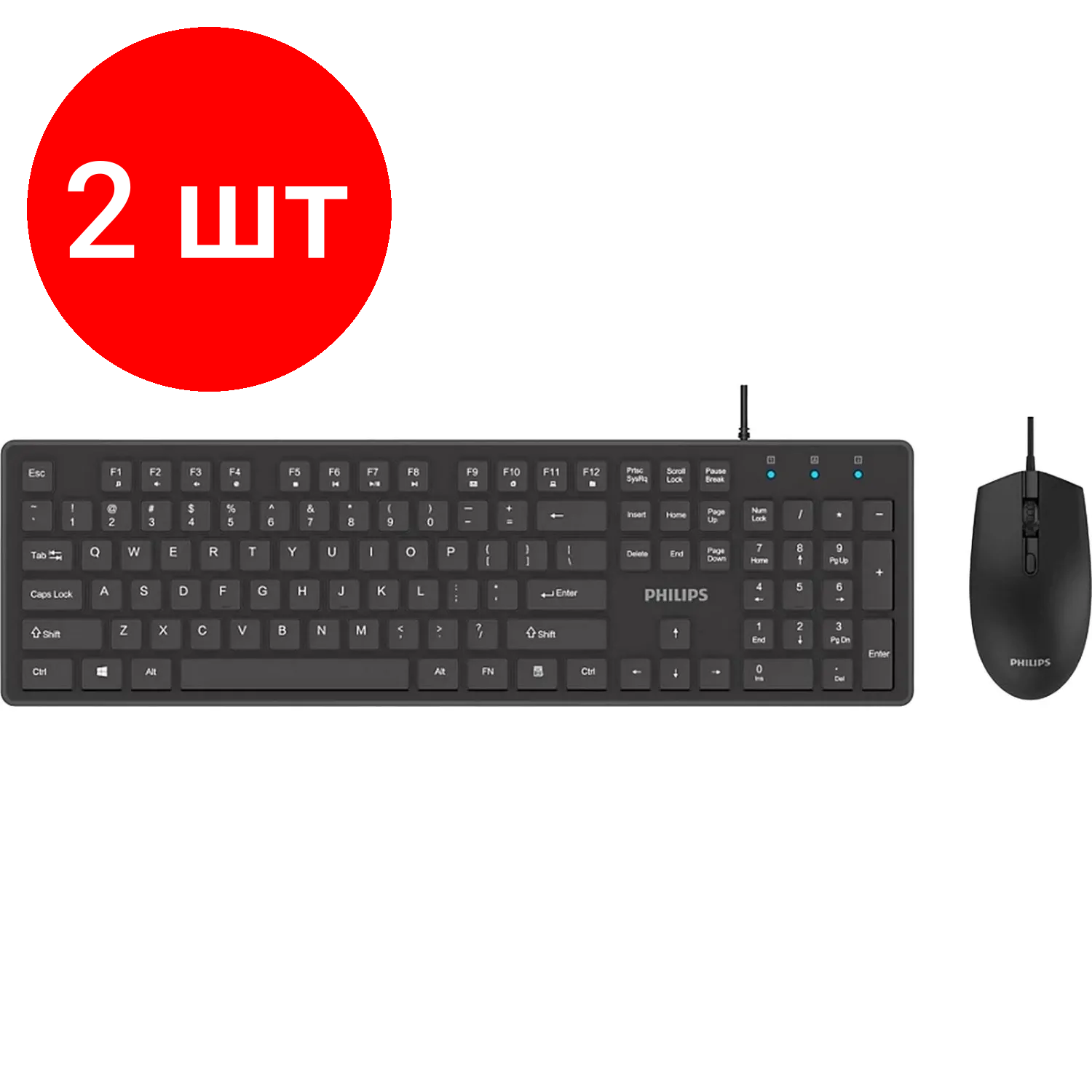 Комплект 2 упаковок, Набор клавиатура+мышь Philips (SPT6264B/60)провод USB 104кл 800-2400dpi чер