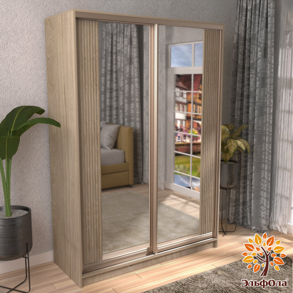 ЭльфОла Шкаф-купе "Вертикаль" 152х60х220 см, цвет гикори джексон светлый/золото/накладка гикори джексон, с зеркалом, для одежды, двухдверный