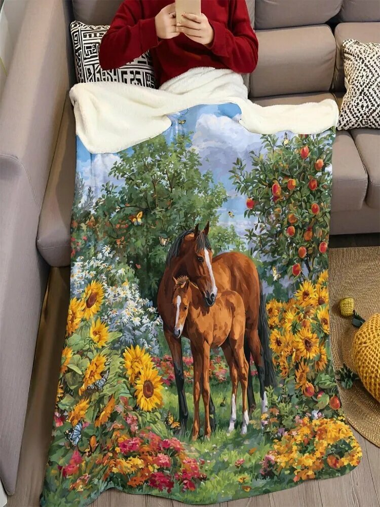 Плед с фотопринтом Садовые и животные лошади мягкое одеяло для дивана, кровати, детской и путешествий , Фланель, 240 см х 220 см