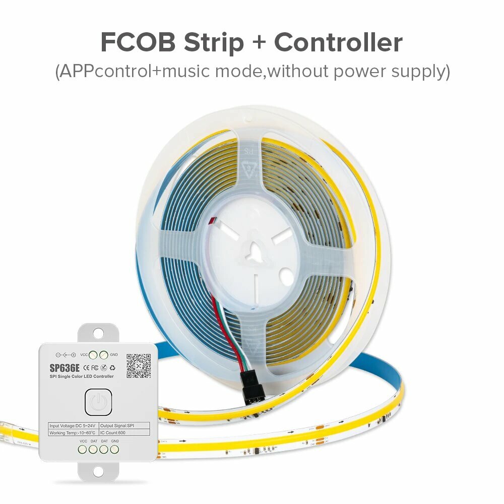 Гибкая LED лента FCOB 5м, 24В, белый свет 6500K, с контроллером