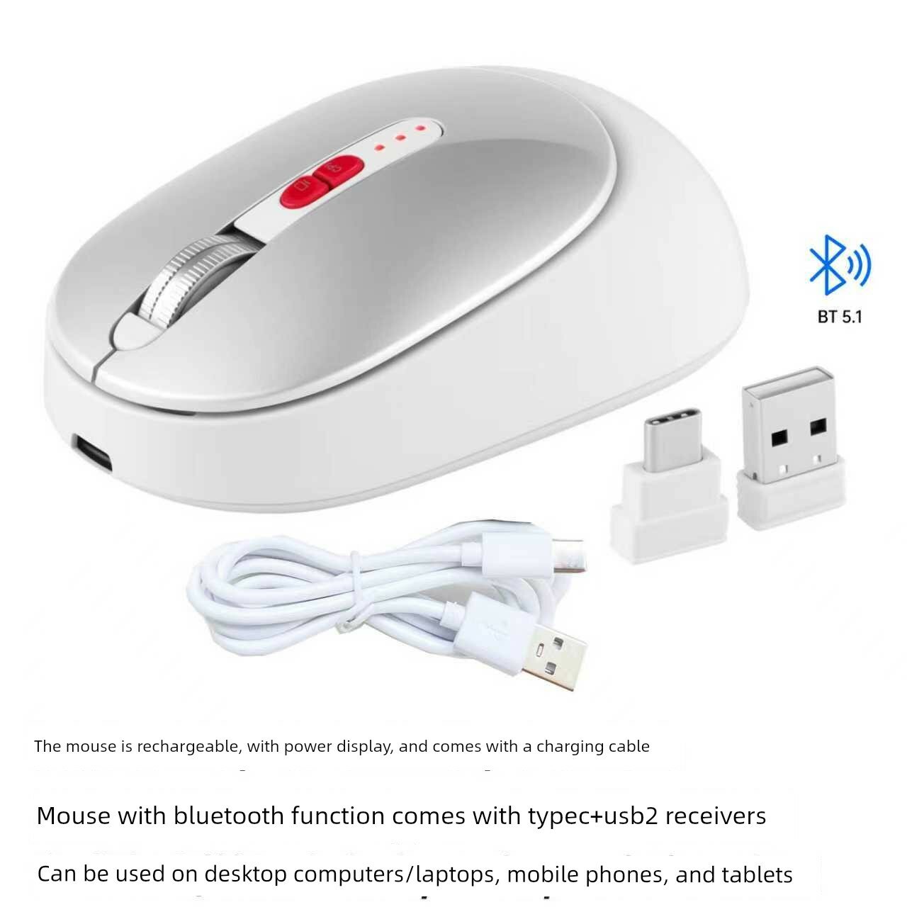 W29 Перезаряжаемая мышь с поддержкой Bluetooth, USB и Type-C, индикатор заряда батареи - Серебристый