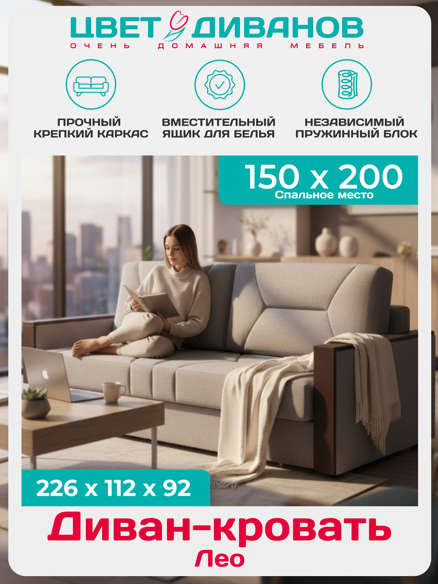 Раскладной диван-кровать прямой двуспальный в гостиную, еврокнижка Лео с ортопедическим матрасом, Цвет Диванов