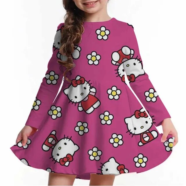 Платье с длинными рукавами и принтом Hello Kitty для девочек, идеально подходит для повседневной носки в праздничные дни, вечеринок или в качестве подарка.
