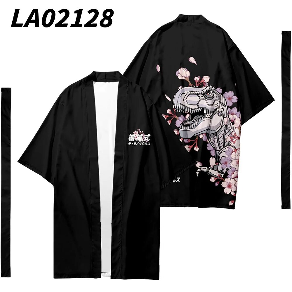 Черное кимоно японское с динозавром и цветами, XXXL, style 5