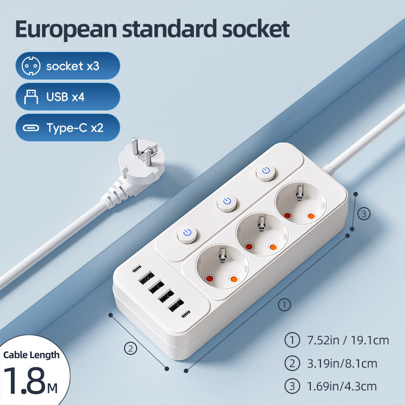 Удлинитель евростандарт с отдельными выключателями, 3 розетки Schuko, 4 USB и 2 Type-C для быстрой зарядки, кабель длиной 1,8 метра