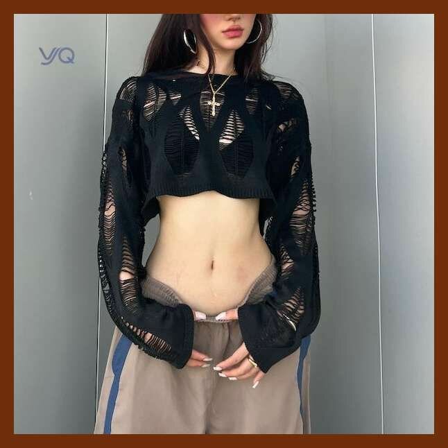 Сексуальный прозрачный топ с длинными рукавами, свободного кроя и рваными краями, открывающими пупок