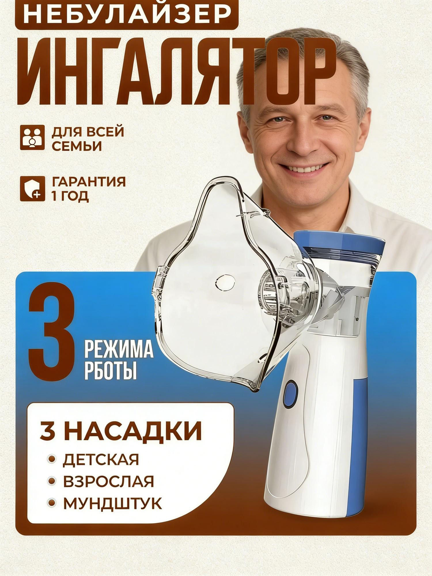 Ингалятор ультразвуковой небулайзер с тремя насадками портативный для детей и взрослых.