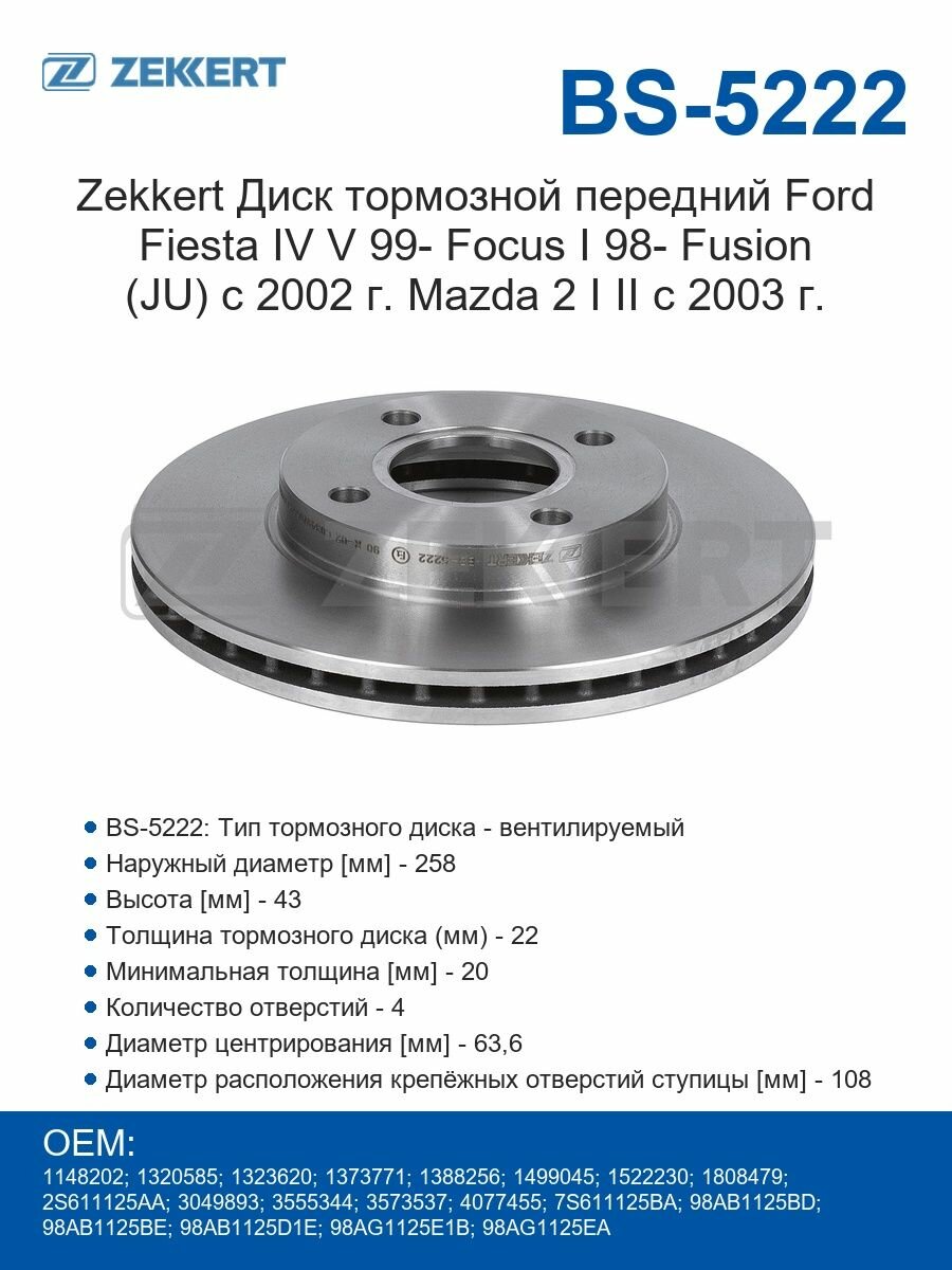 Zekkert Диск тормозной передний Ford Fiesta IV V 99- Focus I 98- Fusion (JU) с 2002 г. Mazda 2 I II с 2003 г.