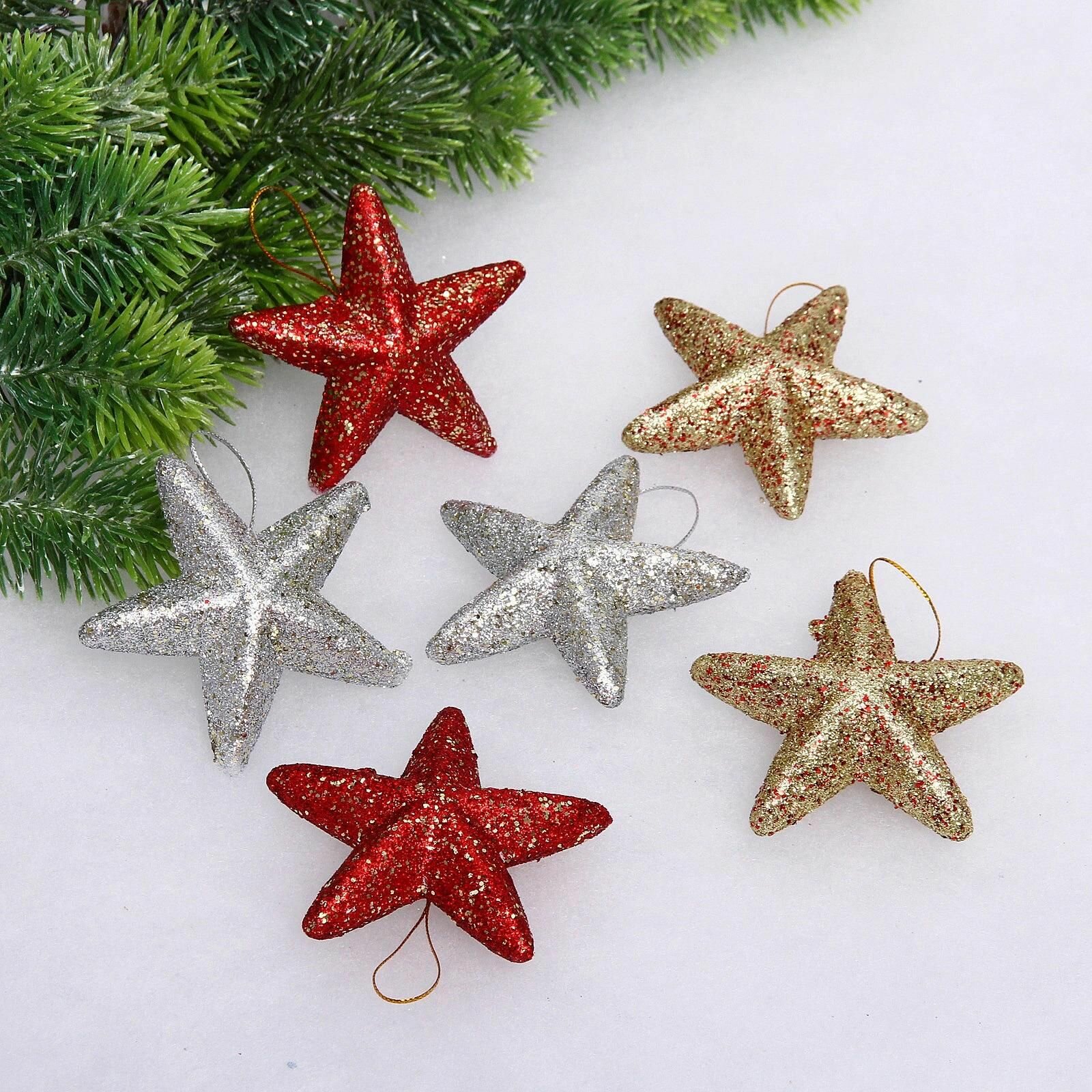 Набор елочных украшений Серпантин Prime Новогодние звезды, 8 см, красный, золото, серебро, 6 шт