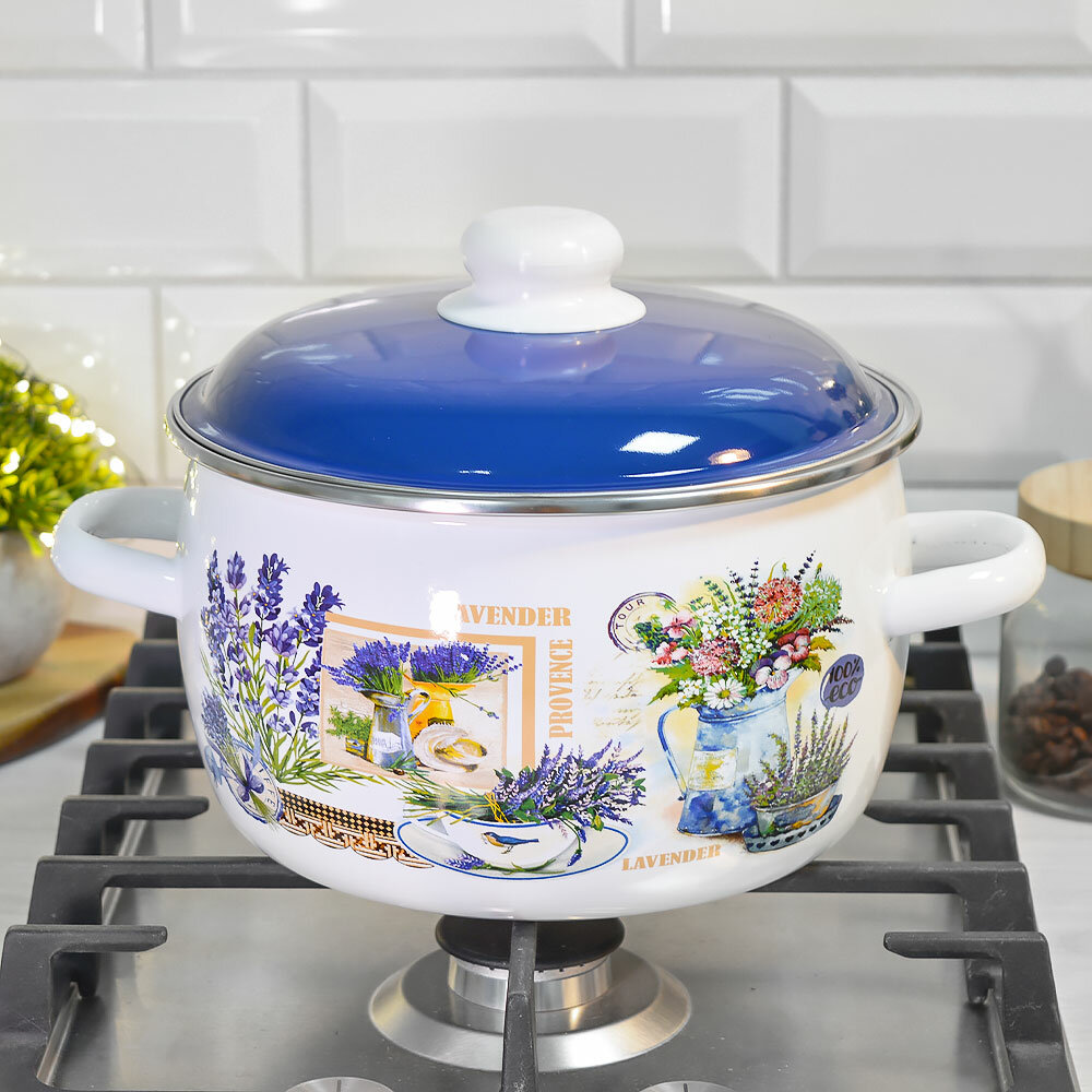 Кастрюля 4л "Горная лаванда", эмалированная сталь, индукционное дно, белая/синяя, с крышкой