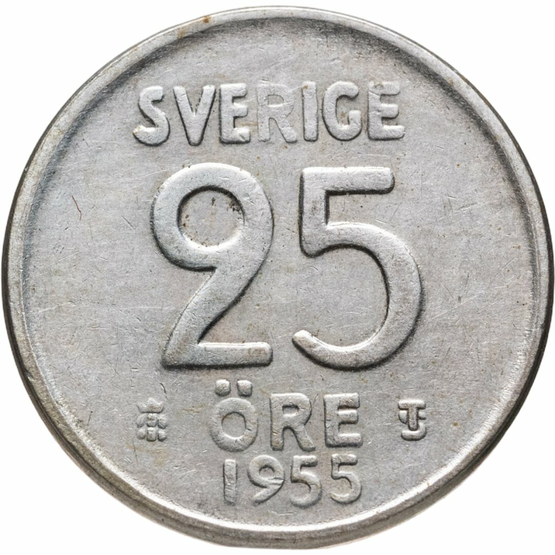 Швеция 25 эре ore 1955, Серебро 400, в сохранности XF