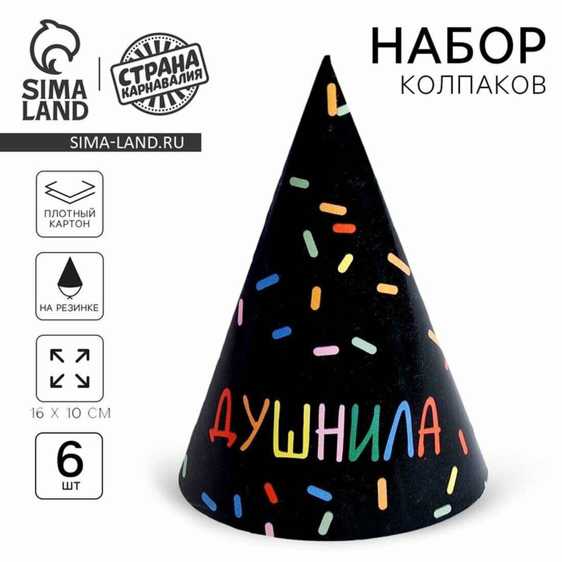 Колпак бумажный на день рождения "Душнила", 6 шт, черный/разноцветный