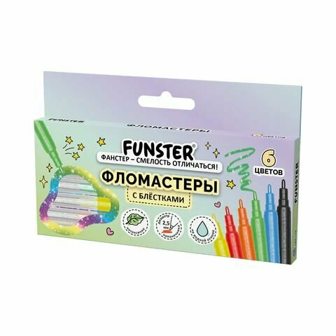 4 шт. Фломастеры с блестками FUNSTER (фанстер) "GLITTER" 6 цветов, ударопрочный наконечник, 152628
