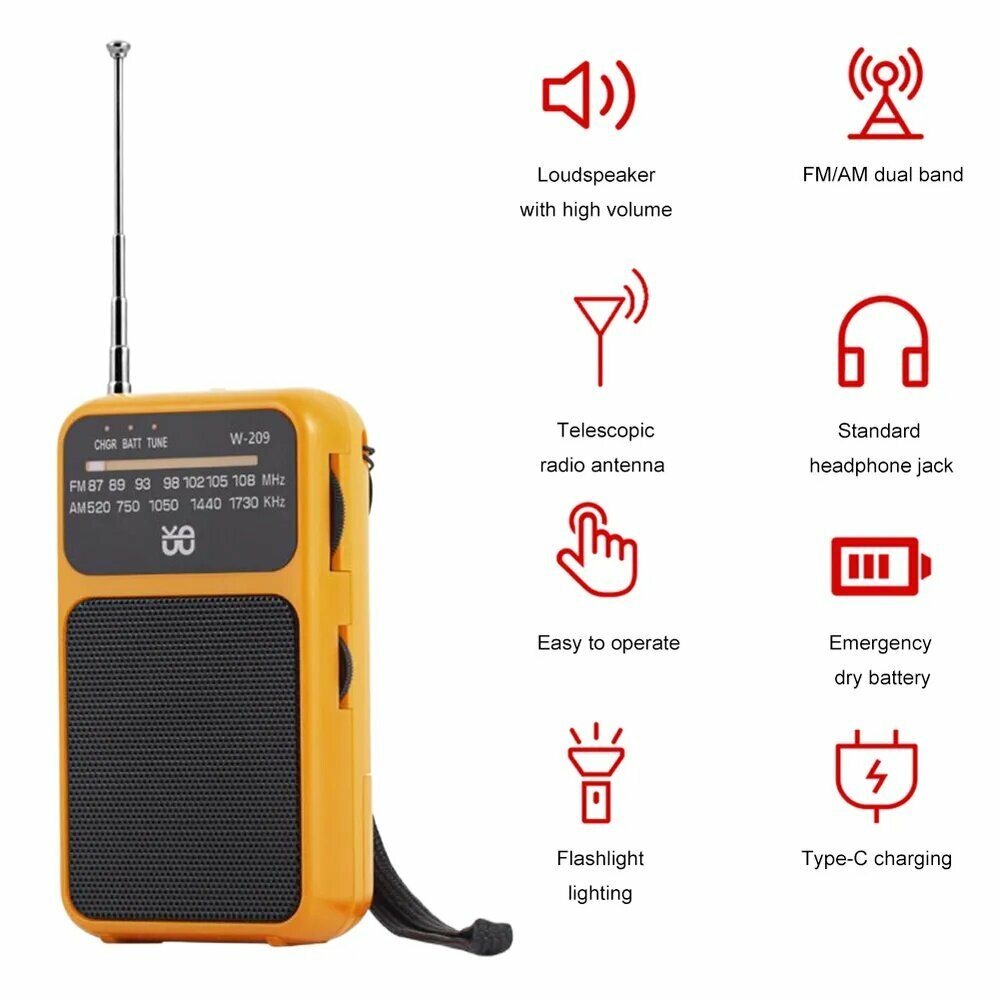 Портативное FM/AM радио W-209 с подсветкой, двойным питанием, мощным динамиком и фонариком для дачи и походов