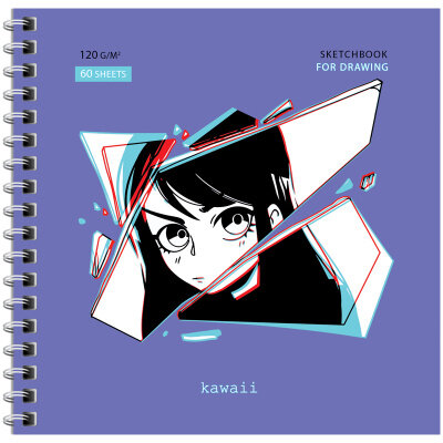 Скетчбук 60л, 150*150 MESHU "Kawaii", на гребне, выб. лак, soft-touch, 120г/м2