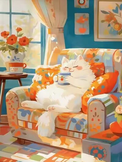 Печать на холсте "Кот с кофе" 20x30см, фиолетовый