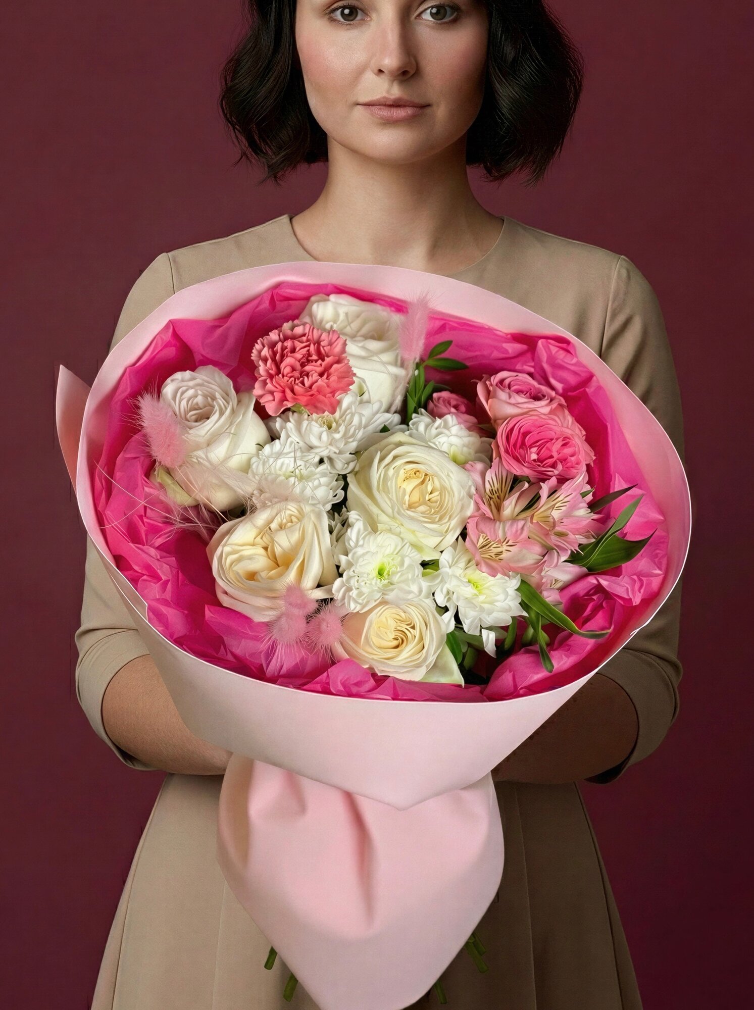 Сборный букет "Сила притяжения" с пионовидными розами, хризантемой