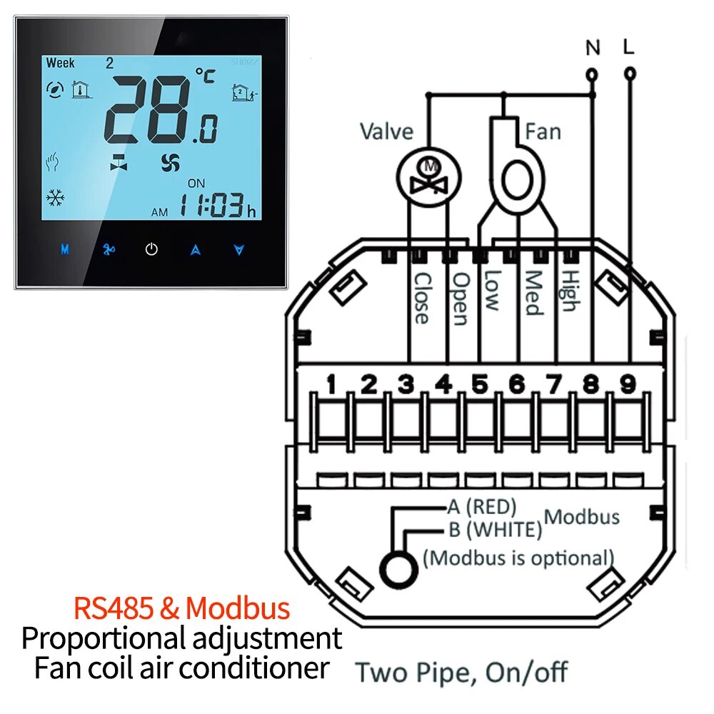 Умный термостат SHOJZJ для фанкойла BLACK 2P, 95-240VAC