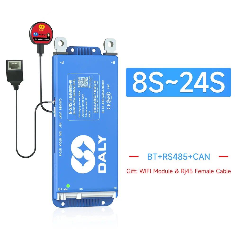 Daly Smart BMS 4S-24S для LiFePO4, NMC, Li-Ion аккумуляторов 200A, 8-24S WIFI-Rj45