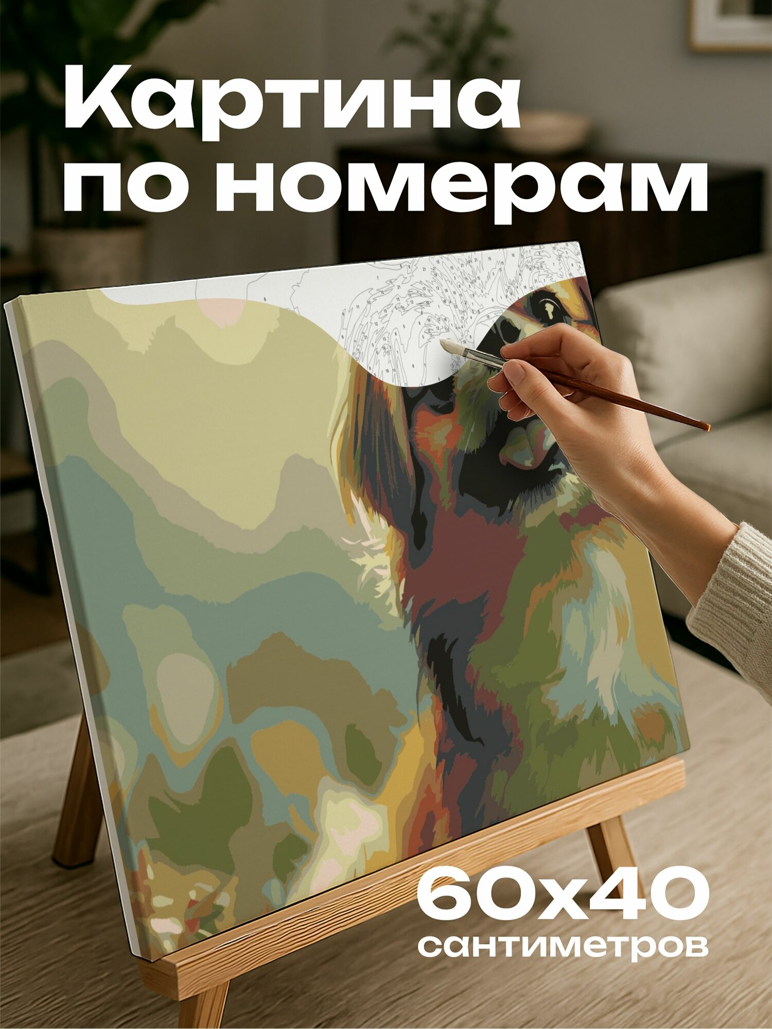 Картина по номерам 60x40 см, пекинес, счастливый, природа, радость, беззаботное поведение, фотография